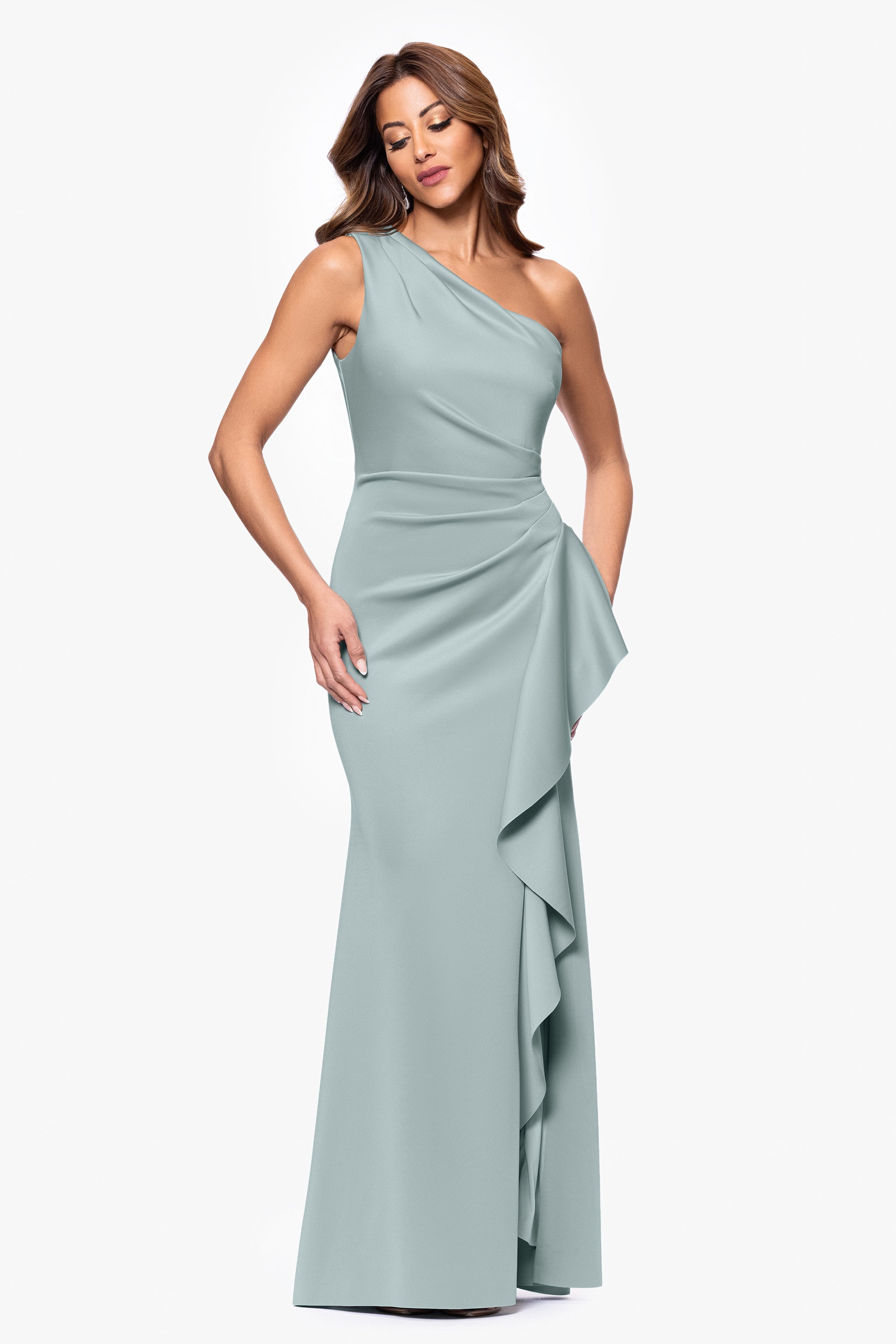 Petite "Flo" Long Techno Scuba One Shoulder Ruffle Dress