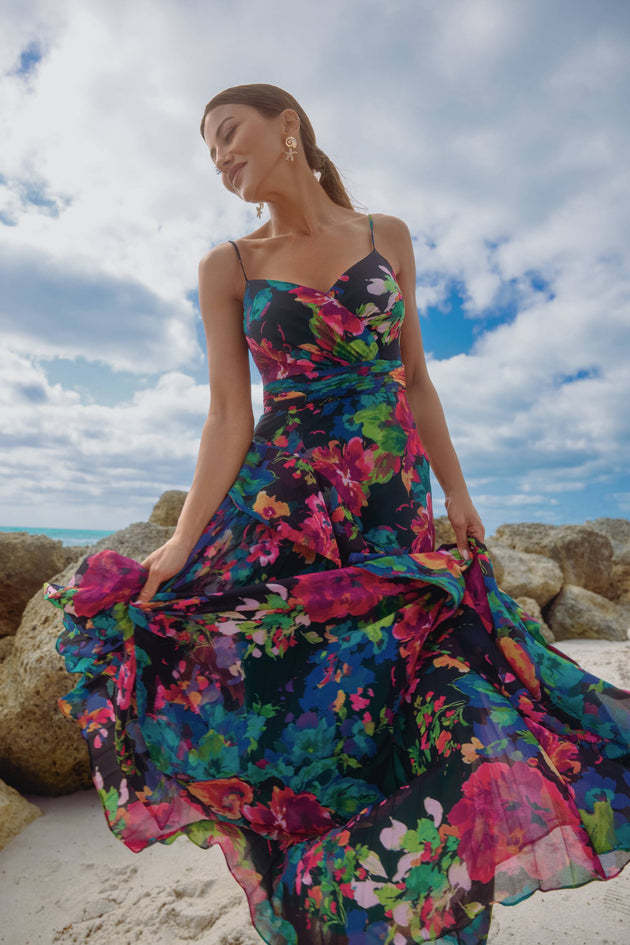 "Alana" Long Off the Shoulder Velvet Ruffle Dress