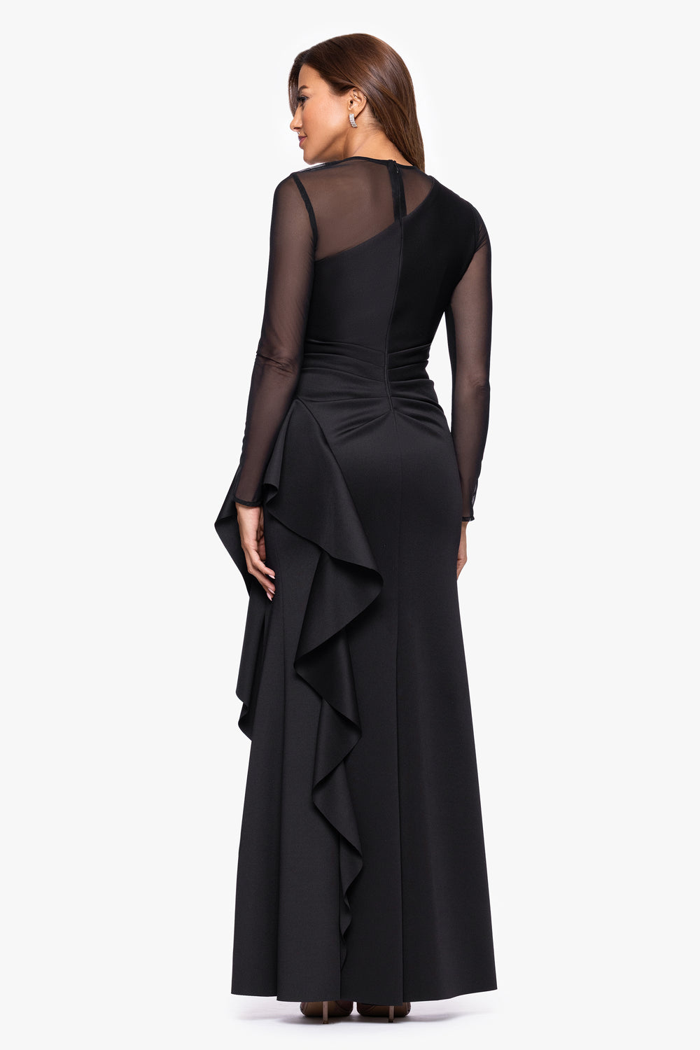 "Lyra" Techno Scuba Mesh Long Sleeve Floor Length Dress