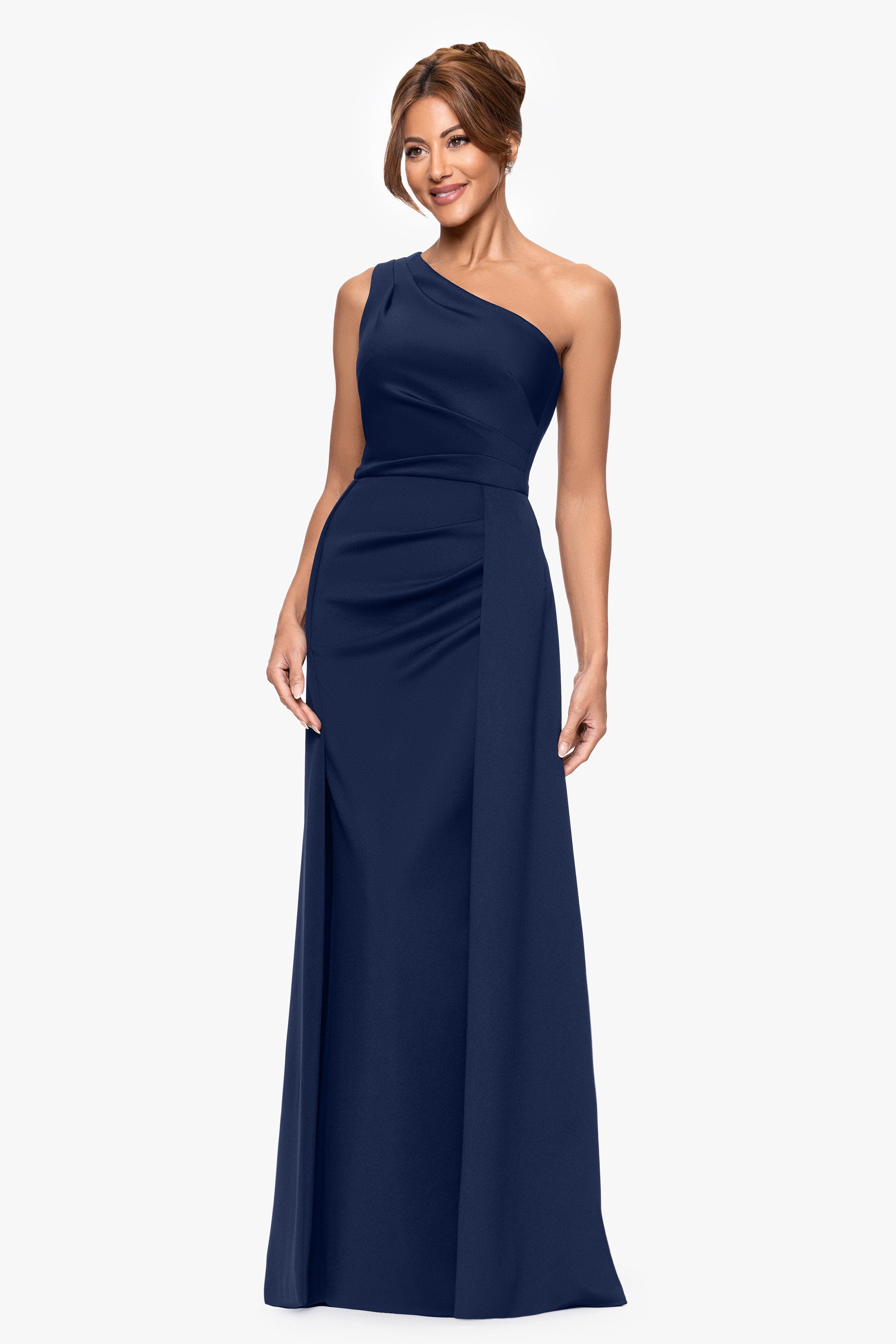 "Jalen" Techno Scuba One Shoulder Back Drape Floor Length Dress