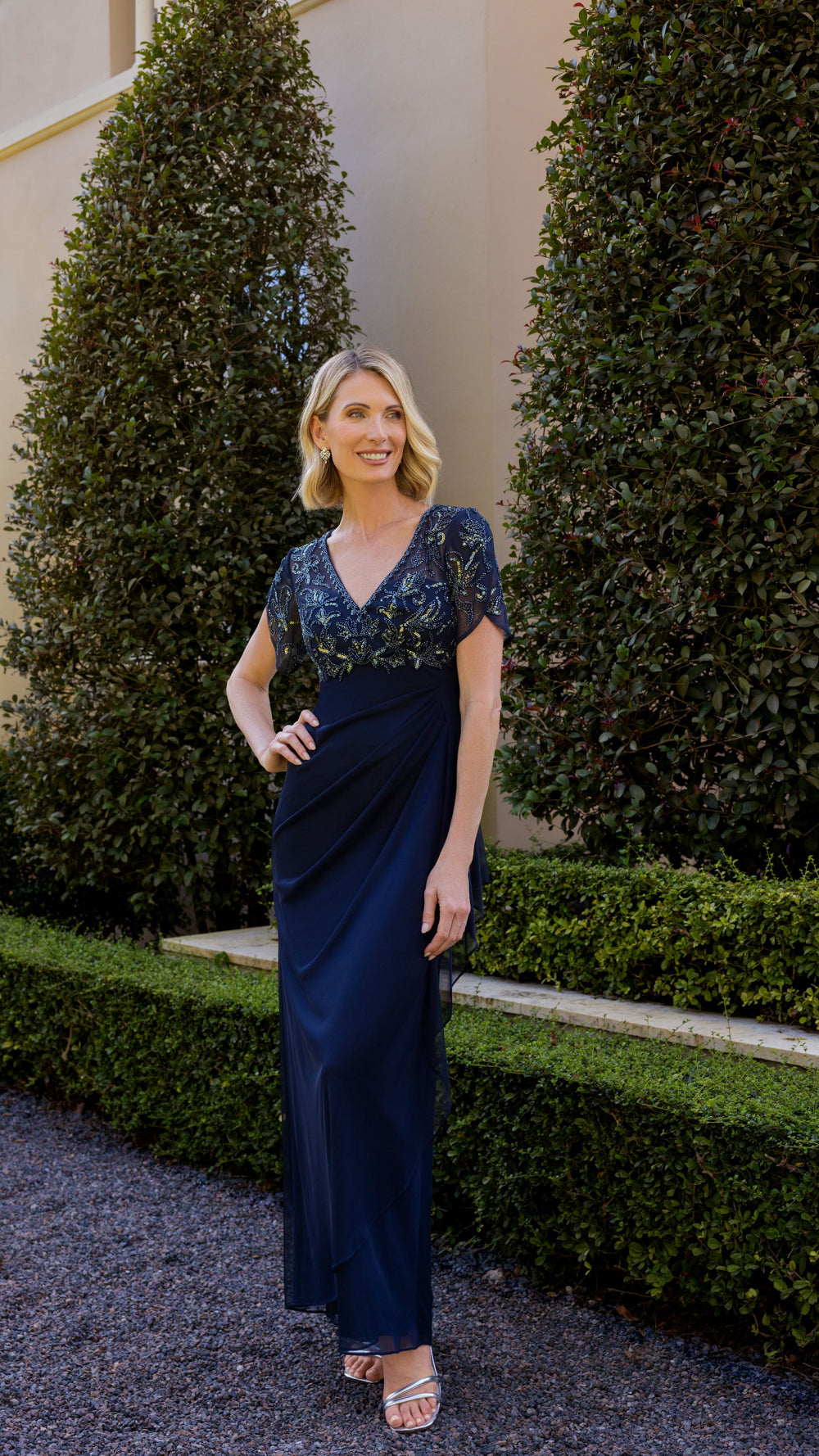 "Giselle" Sheer Jersey Beaded V-Neck Floor Length Dress | Xscape Evenings